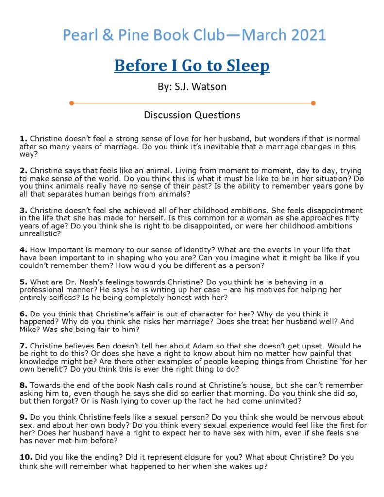 March’s Book Club discussion questions for “Before I go to sleep” by S ...